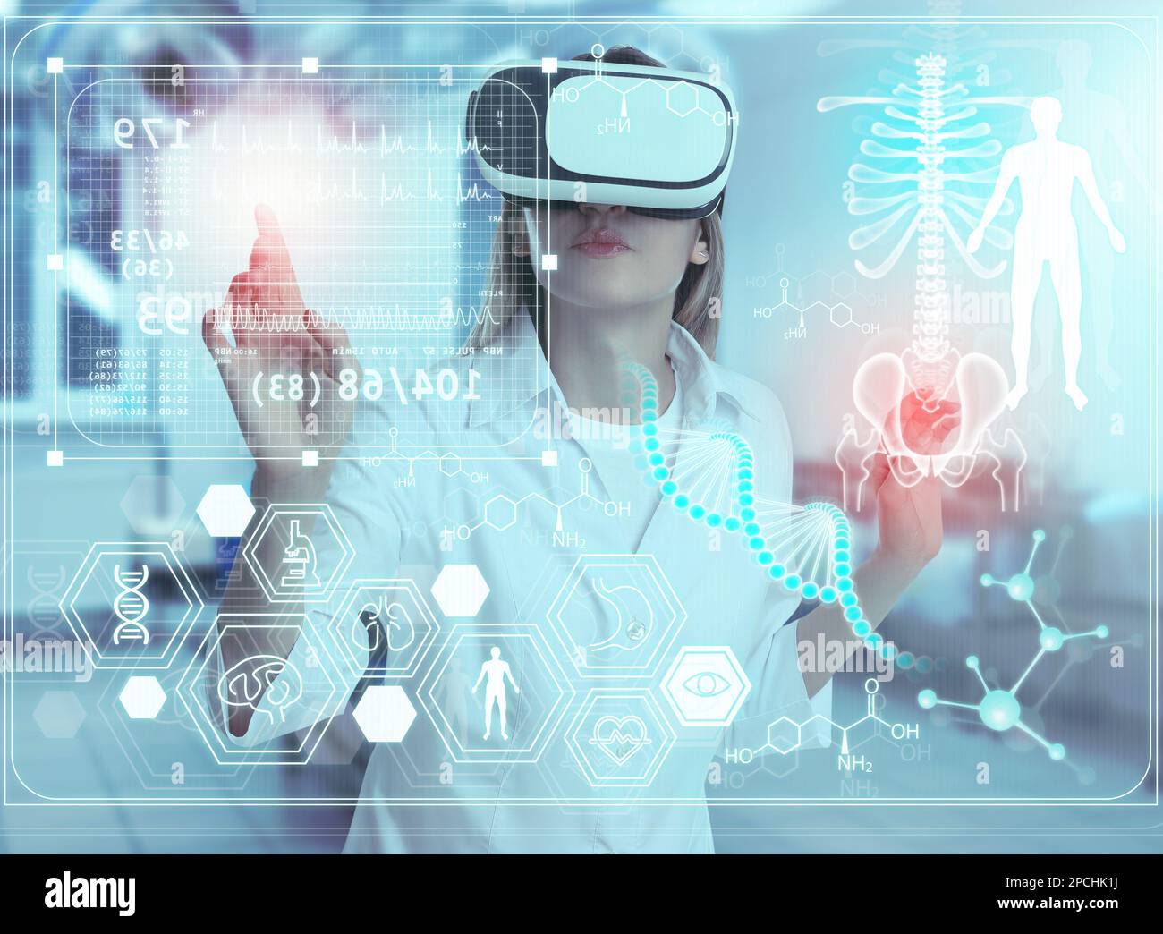 Medical technology concept. Doctor using virtual reality headset to ...