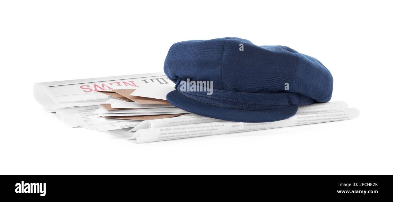 Postman hat, newspapers and mails on white background Stock Photo - Alamy