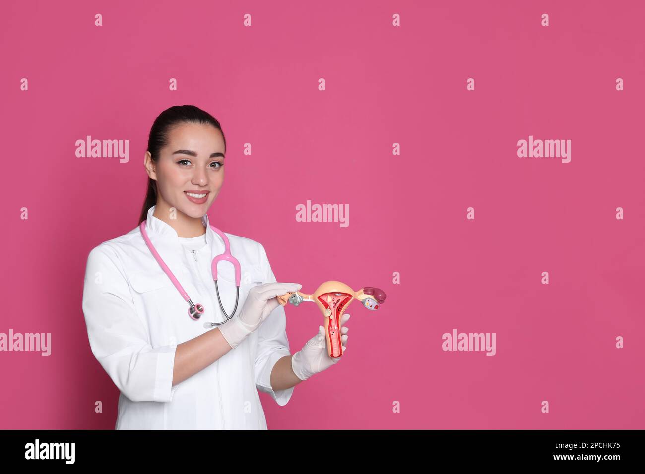 Doctor demonstrating model of female reproductive system on pink ...