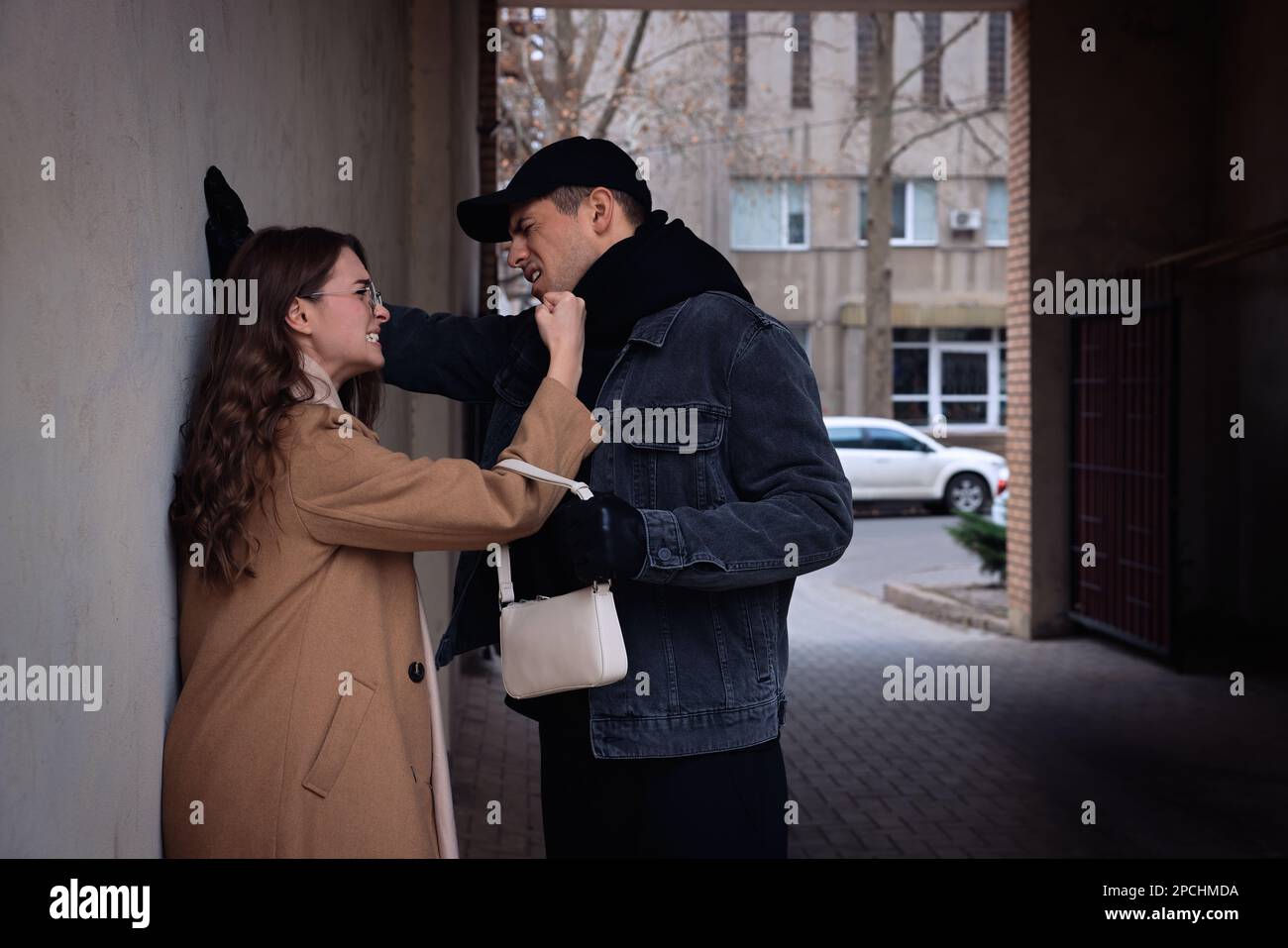 Woman Fighting With Thief While He Trying To Steal Her Bag In Alley