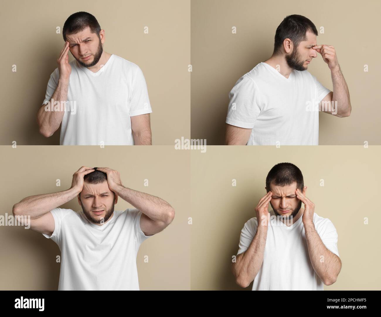 Collage with photos of man suffering from headache on beige background ...