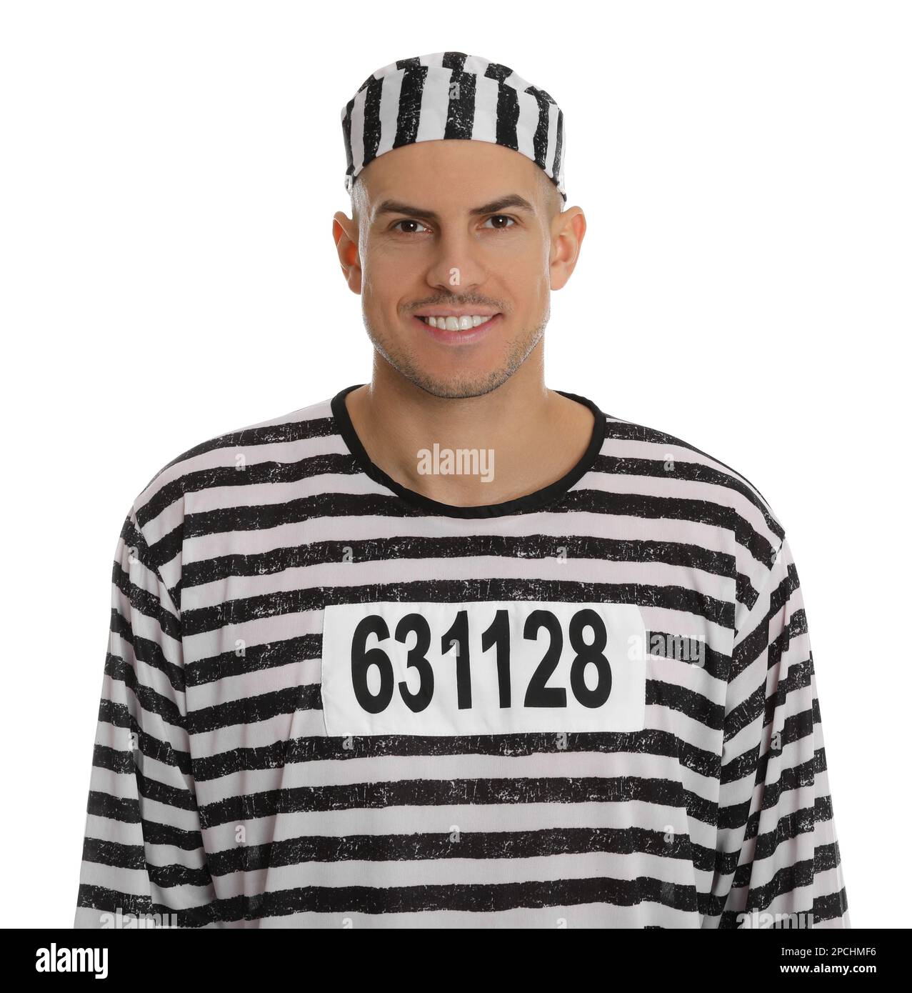 Prisoner in striped uniform smiling on white background Stock Photo - Alamy