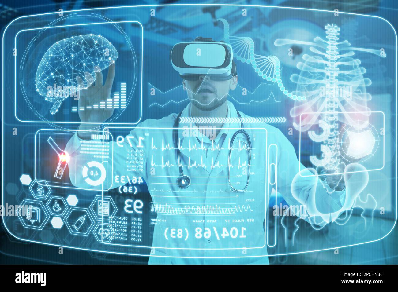 Medical technology concept. Doctor using virtual reality headset to ...