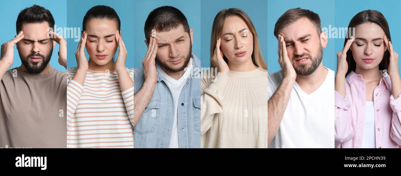 Collage with photos of people suffering from headache on light blue ...