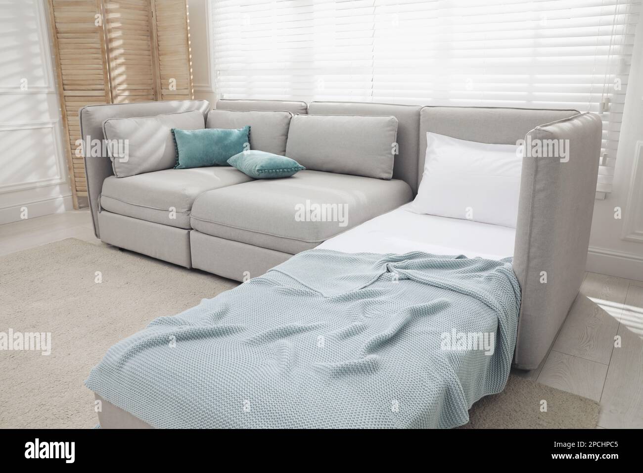 Sleeper sofa near window in room. Additional place for guest Stock ...