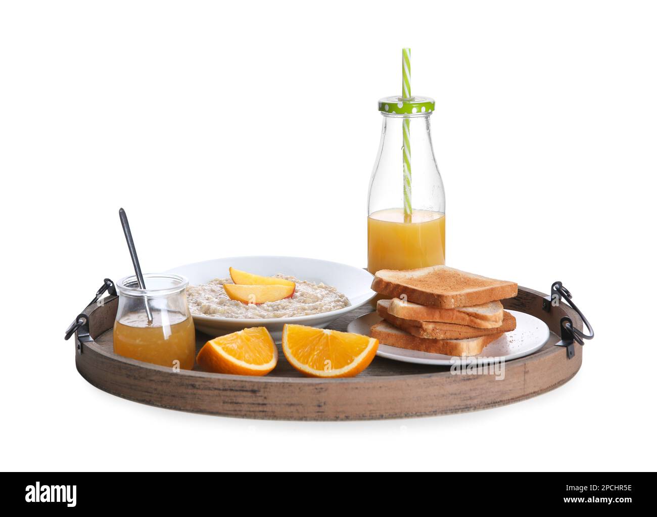 Wooden tray with delicious breakfast on white background Stock Photo ...