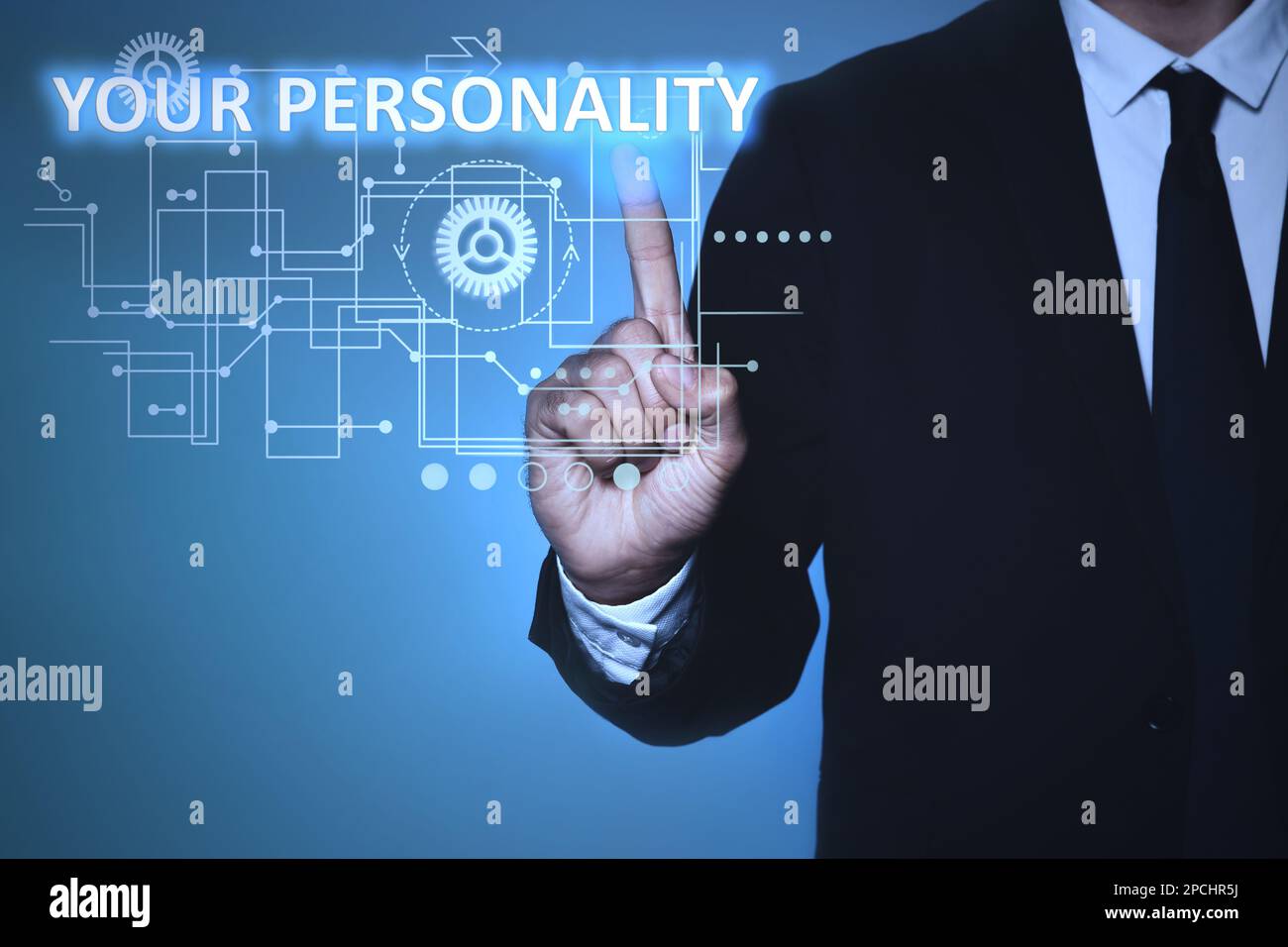 Man pointing at phrase YOUR PERSONALITY on virtual screen against blue ...