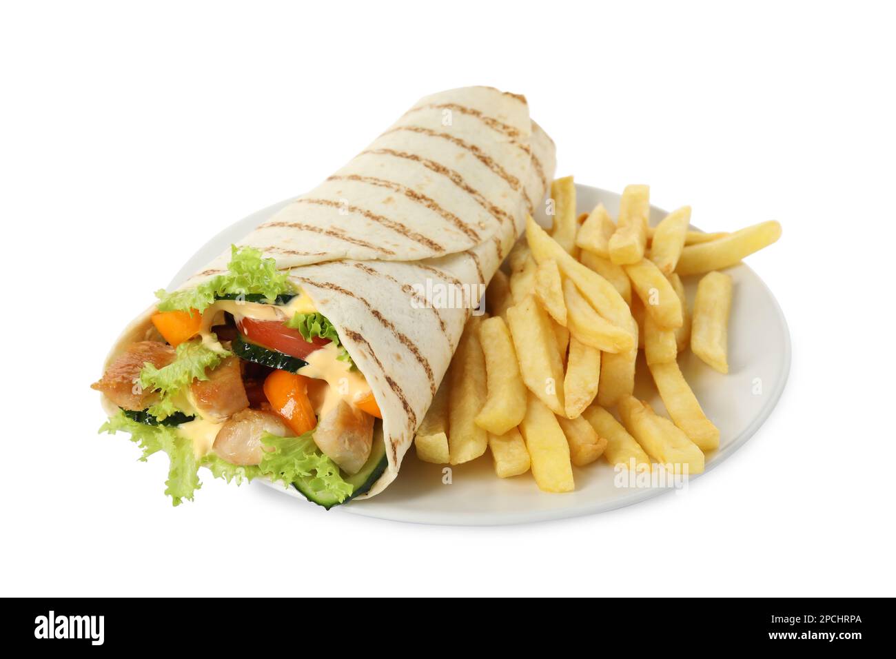 Plate with delicious chicken shawarma and French fries isolated on ...
