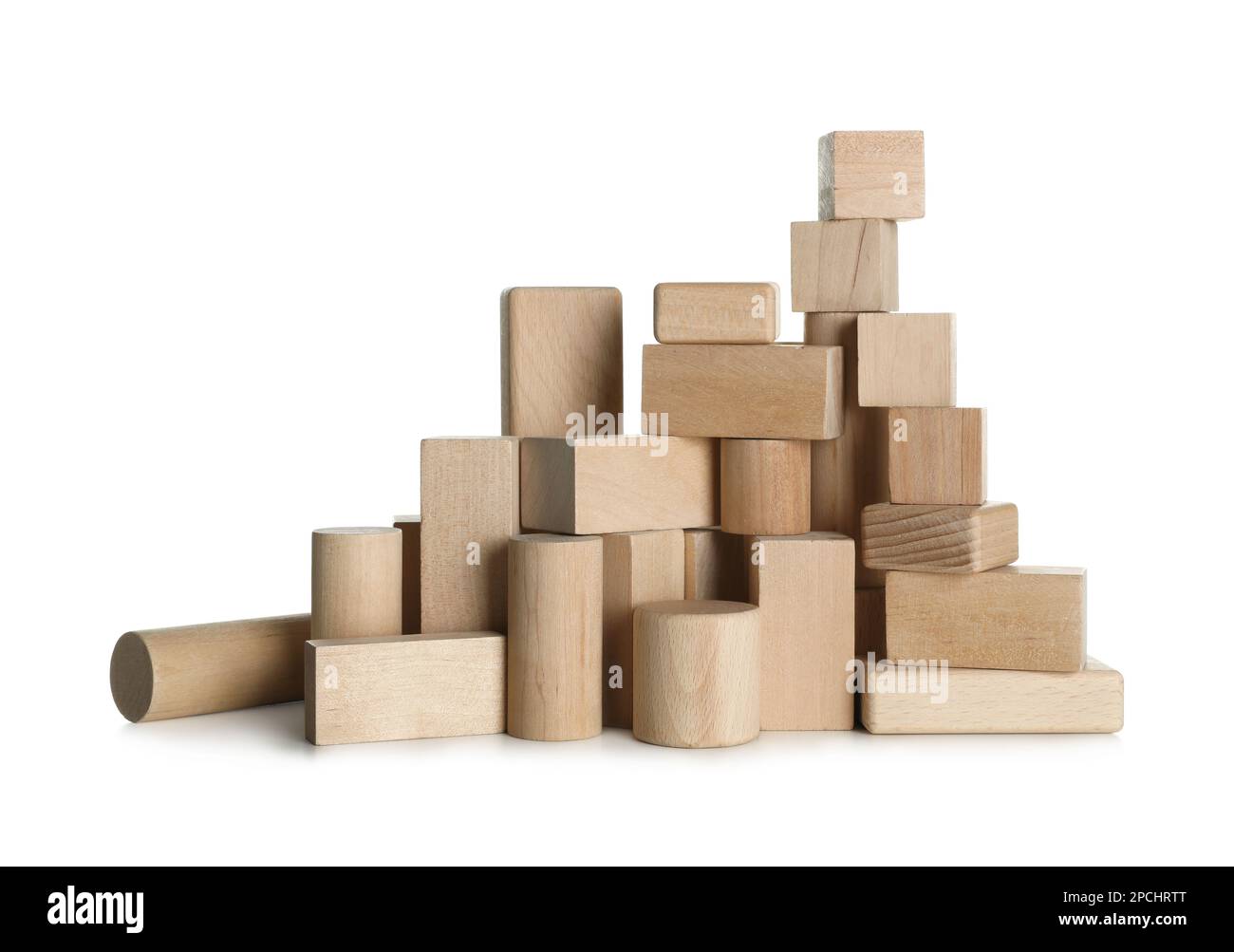 Many wooden building blocks on white background Stock Photo - Alamy
