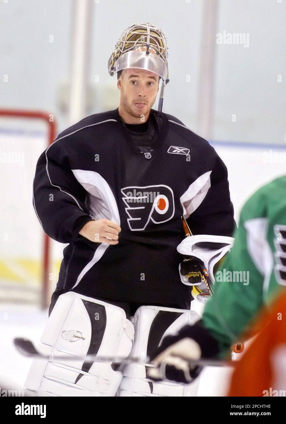 Philadelphia Flyers goalie Antero Niittymaki takes a break during the ...