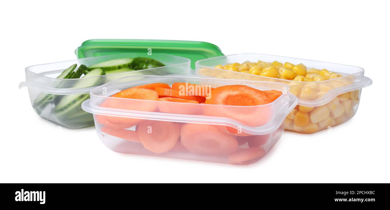 Fresh vegetables in plastic containers on white background Stock Photo ...
