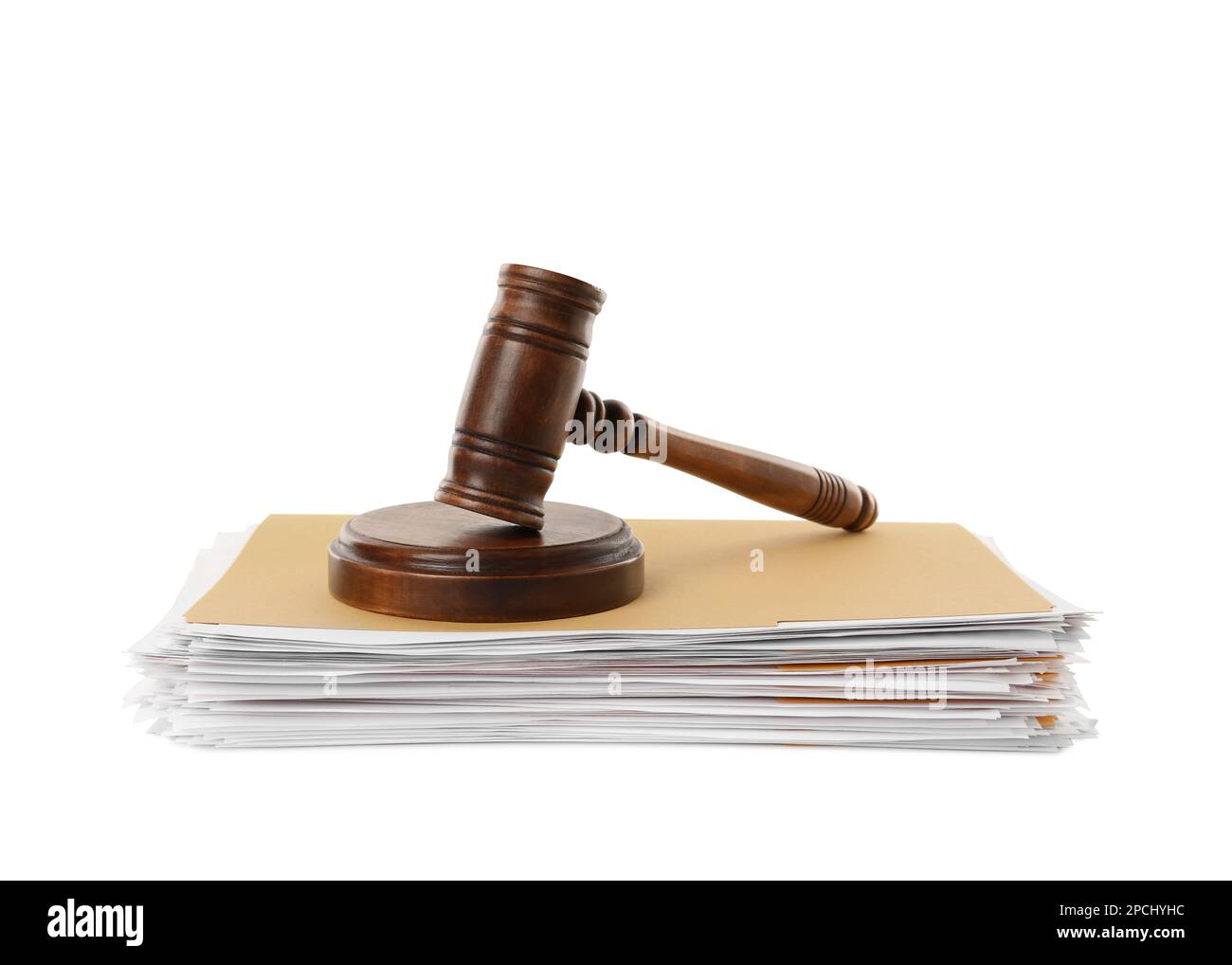 Yellow files with documents and wooden gavel on white background Stock ...