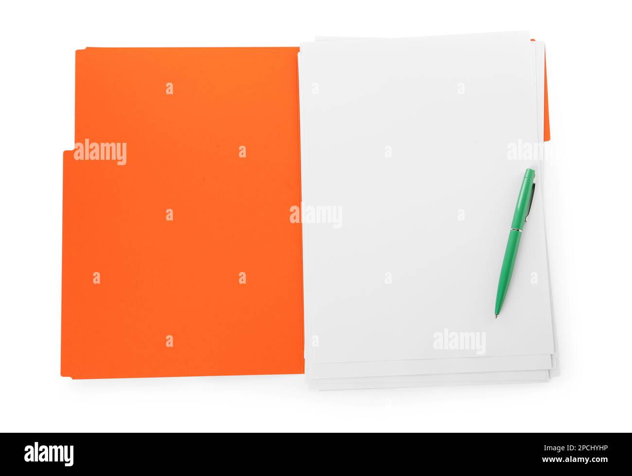 Orange file with blank sheets of paper and green pen isolated on white ...