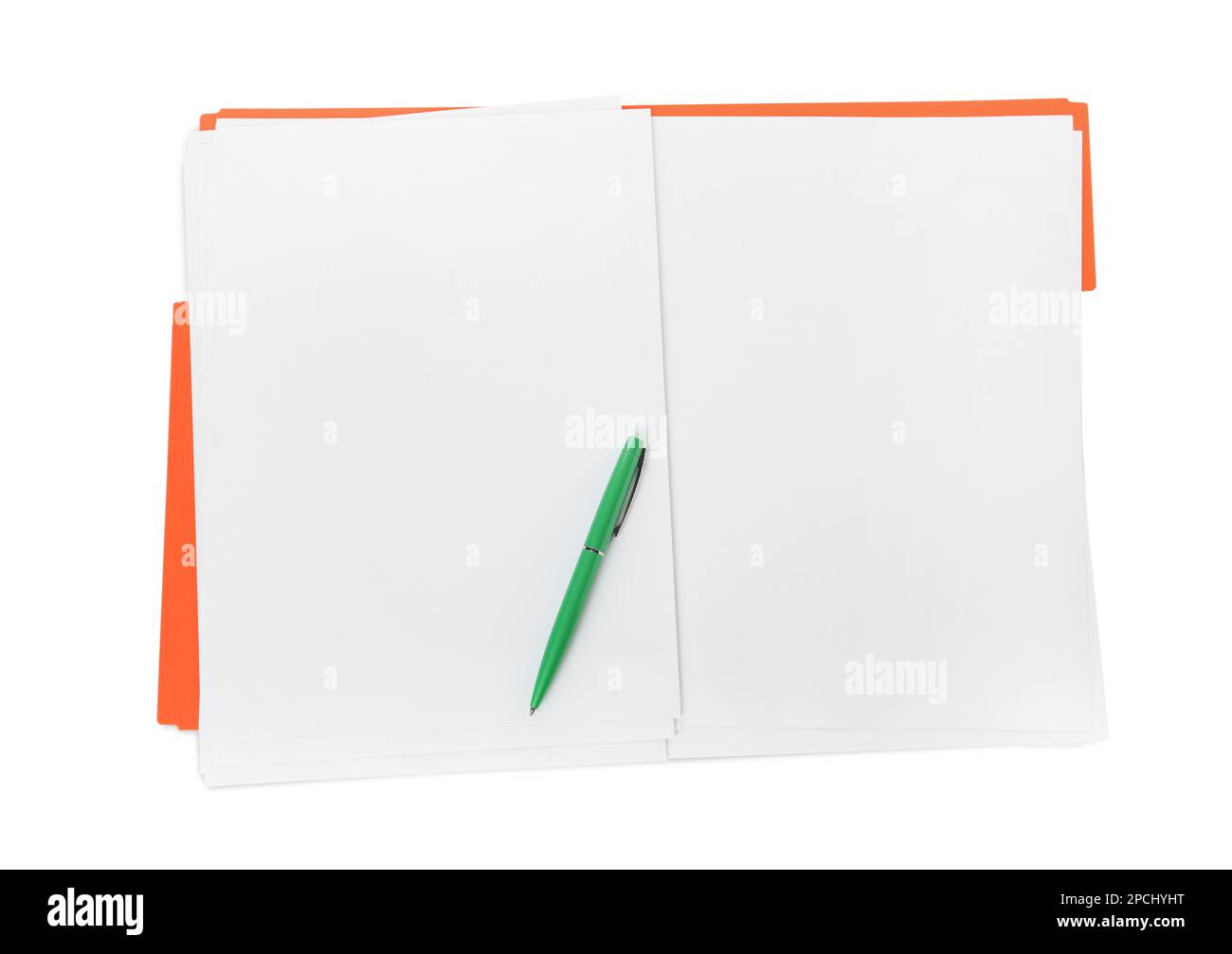 Orange file with blank sheets of paper and green pen isolated on white ...
