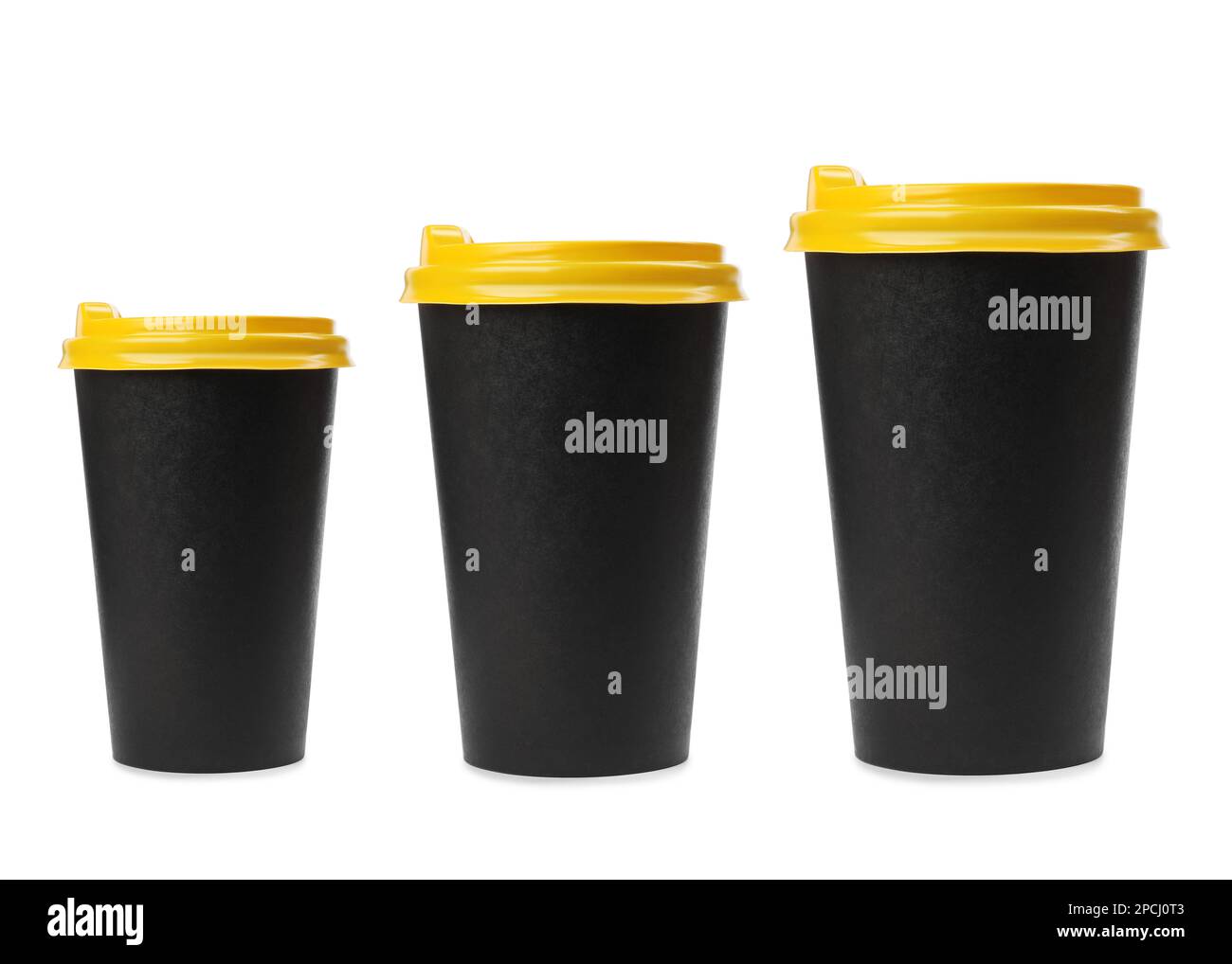 Paper coffee cups of different sizes on white background, collage Stock ...