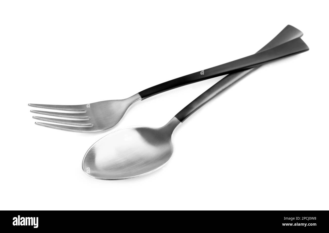 New fork and spoon with black handles on white background Stock Photo ...