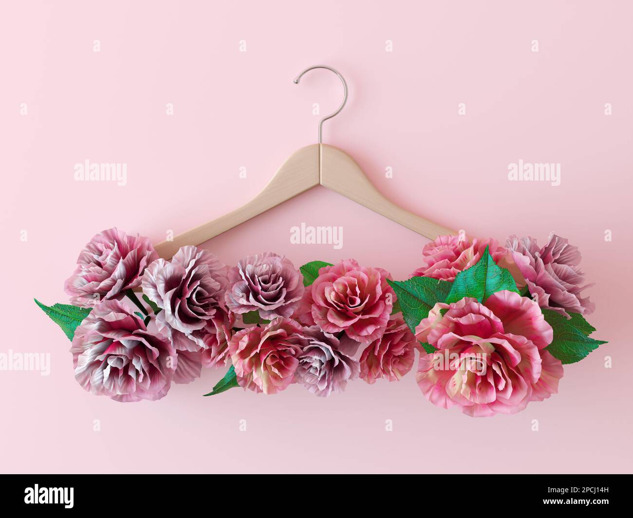 Clothes hanger with flowers on pink background. Flat lay, top view ...