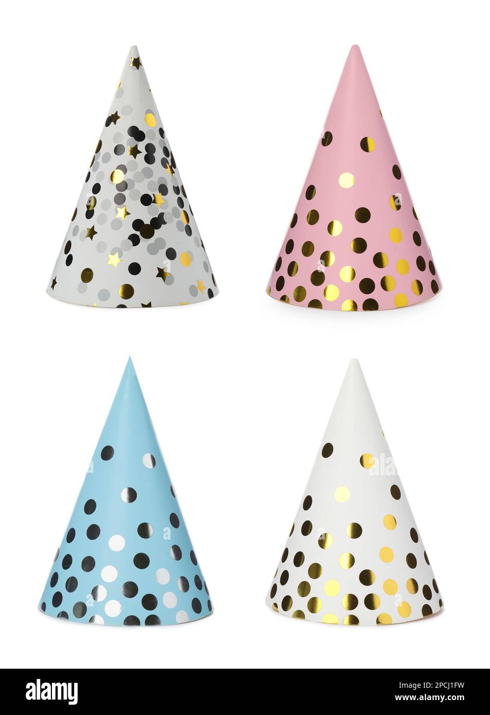 Set with different party hats on white background Stock Photo - Alamy