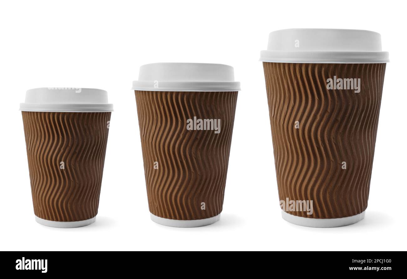 Paper coffee cups of different sizes on white background, collage Stock ...