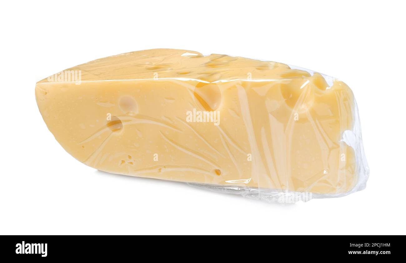 Cheese wrapped with transparent plastic stretch film isolated on white ...
