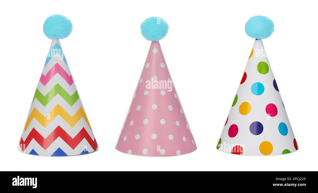 Set with different party hats on white background. Banner design Stock ...