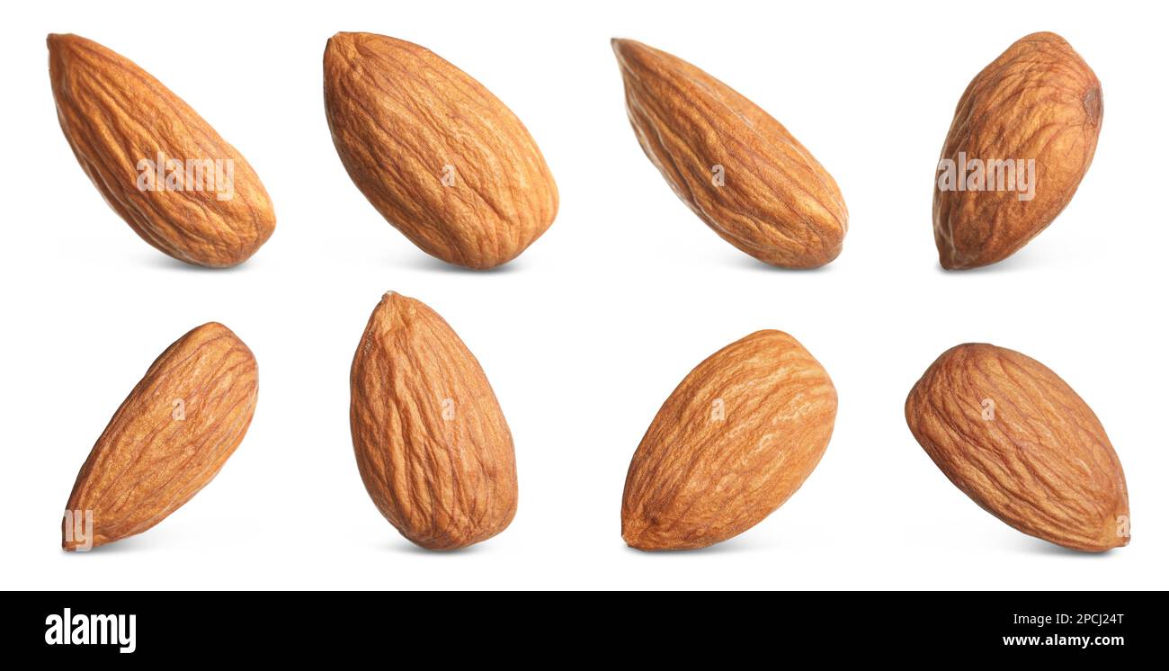 Set with tasty almonds on white background. Banner design Stock Photo ...