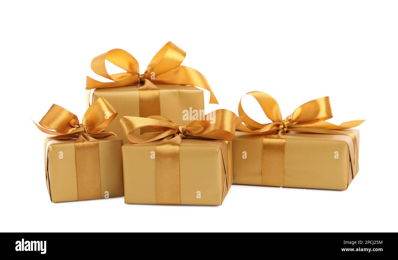Many beautiful gift boxes on white background Stock Photo - Alamy