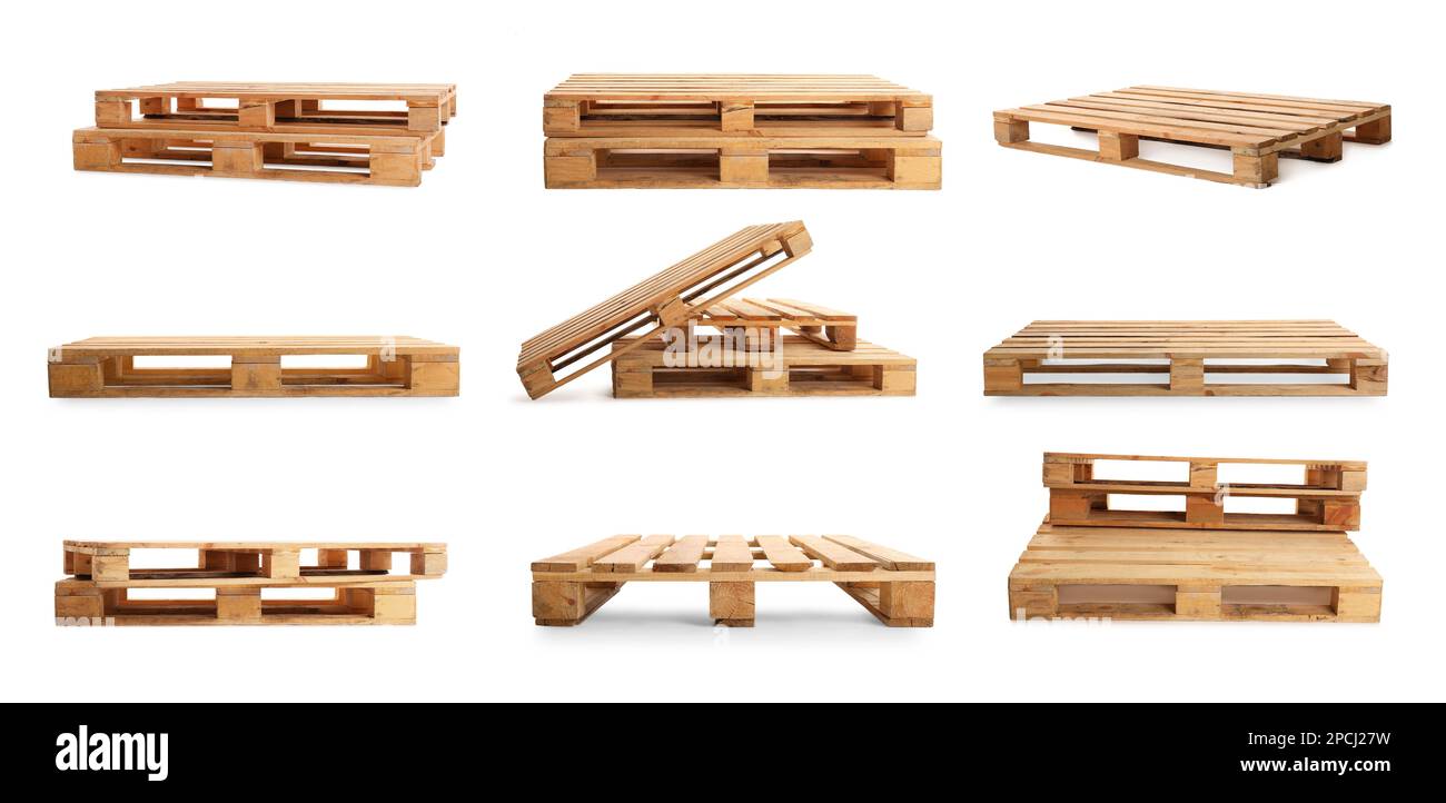 Set with wooden pallets on white background. Banner design Stock Photo ...