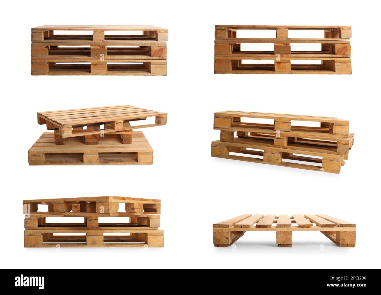 Set with wooden pallets on white background Stock Photo - Alamy