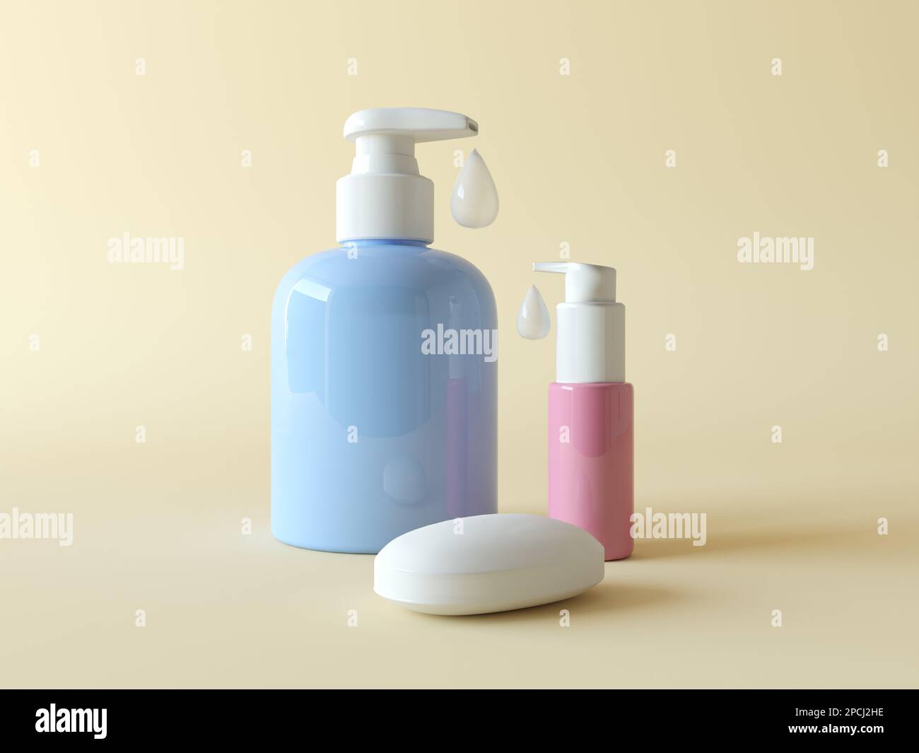 Hygiene concept. Big and little liquid soap. Hand washes gel. Liquid ...
