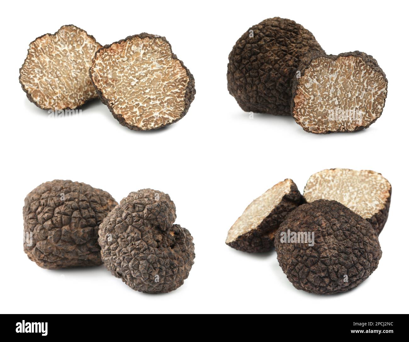 Set with expensive delicious black truffles on white background Stock ...