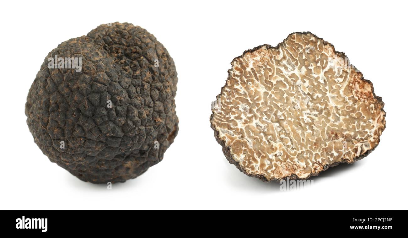 Expensive delicious black truffles on white background, collage. Banner ...