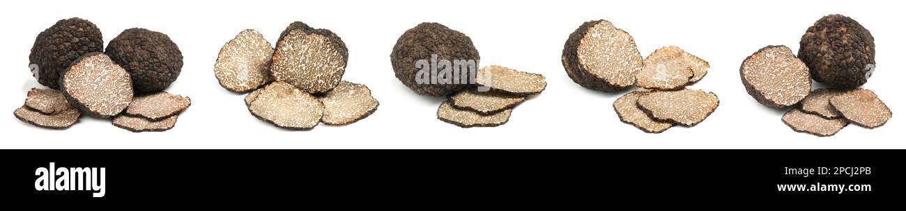 Set with expensive delicious black truffles on white background. Banner ...