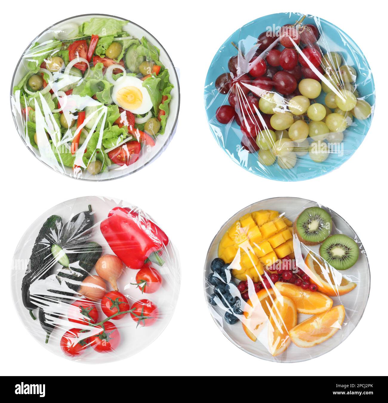Top view of plates with different products wrapped with stretch film on ...