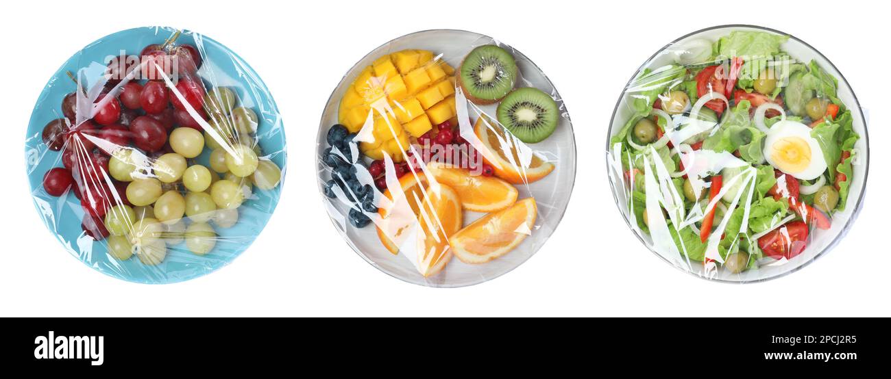 Top view of plates with different products wrapped with stretch film on ...