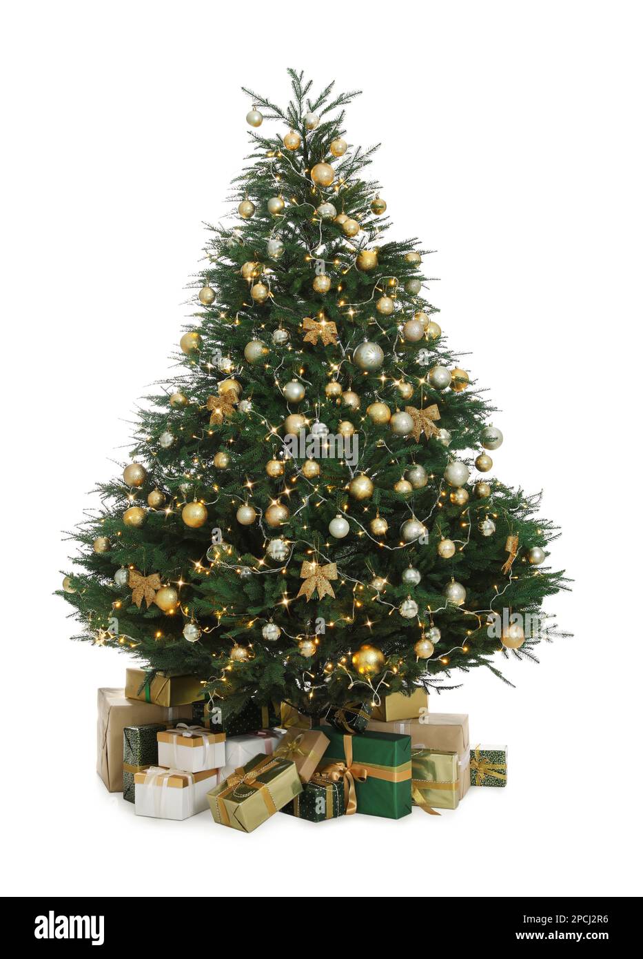 Christmas tree with beautiful decorations and gifts on white background ...