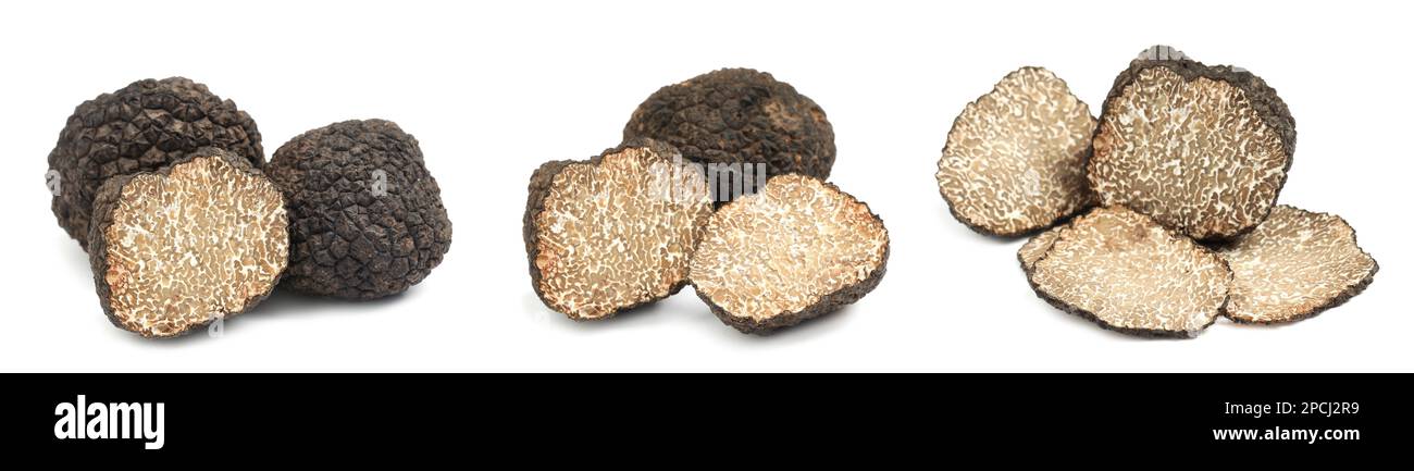 Set with expensive delicious black truffles on white background. Banner ...