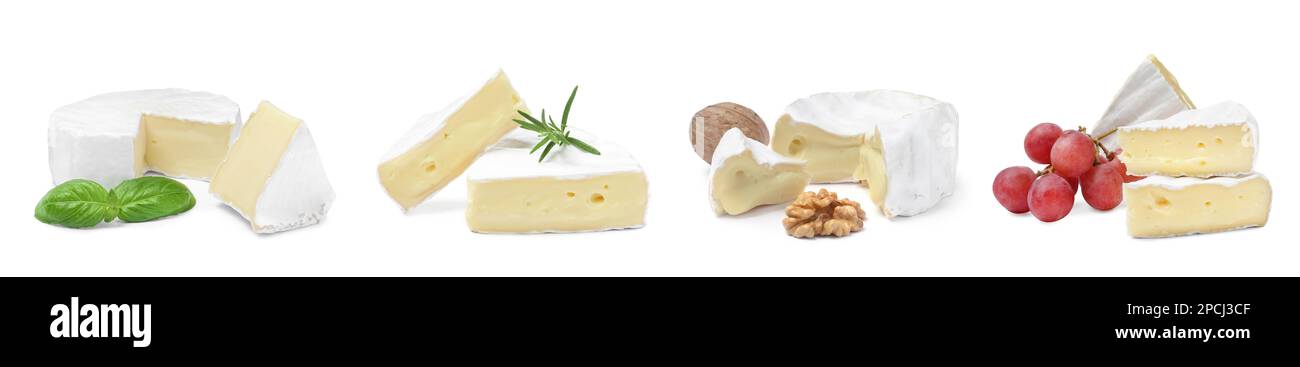 Set with tasty brie cheese on white background. Banner design Stock ...