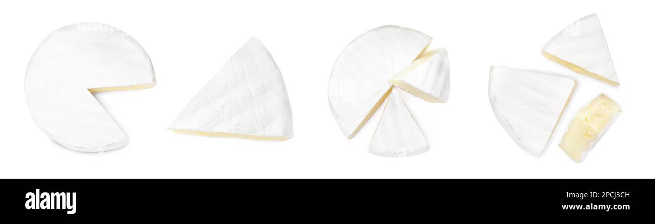 Set with tasty brie cheese on white background, top view. Banner design ...