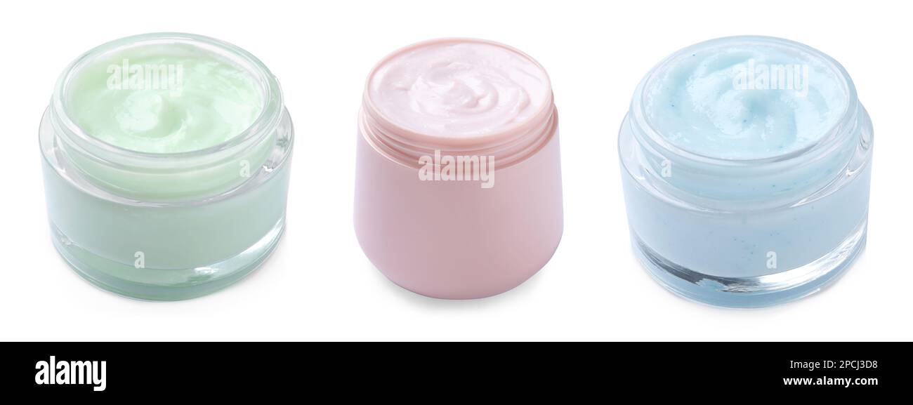 Set with jars of body cream on white background. Banner design Stock ...