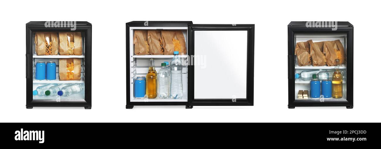 Set of modern black minibars with drinks and snacks on white background ...