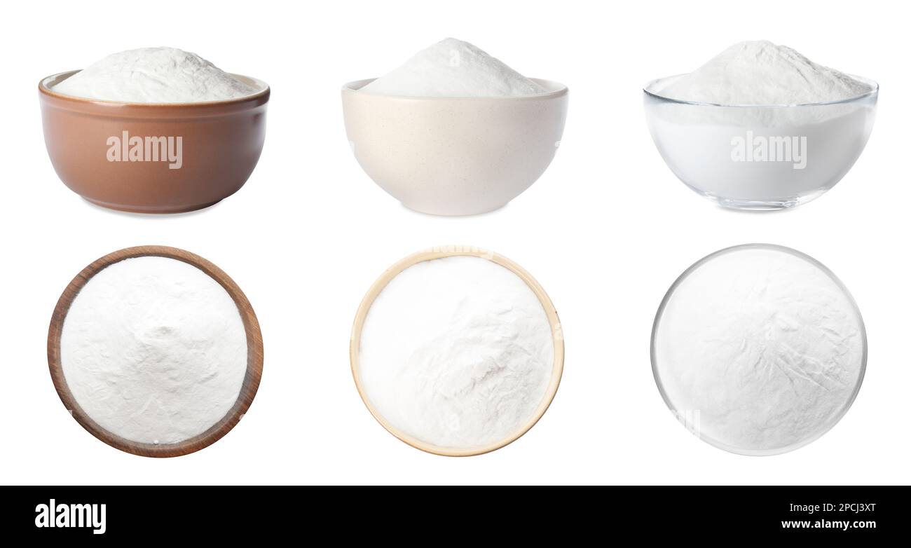 Set with baking soda on white background Stock Photo - Alamy
