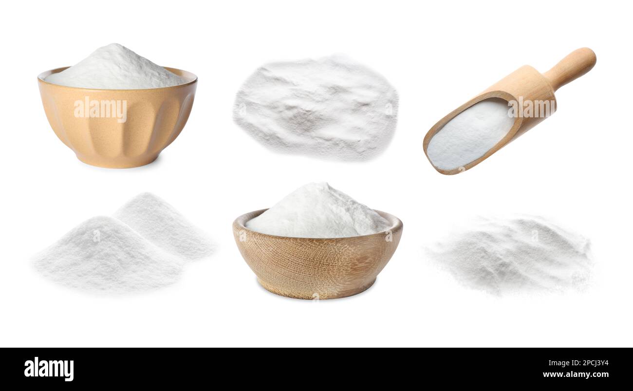 Set with baking soda on white background Stock Photo - Alamy