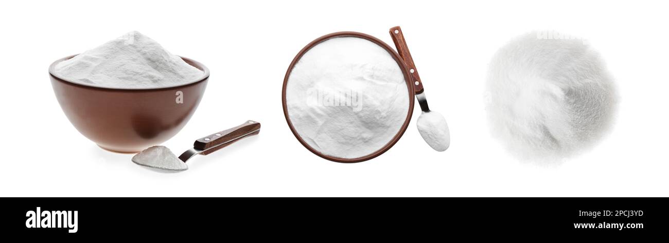 Set with baking soda on white background. Banner design Stock Photo - Alamy