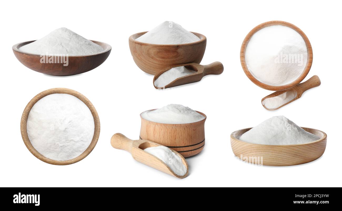 Set with baking soda on white background Stock Photo - Alamy