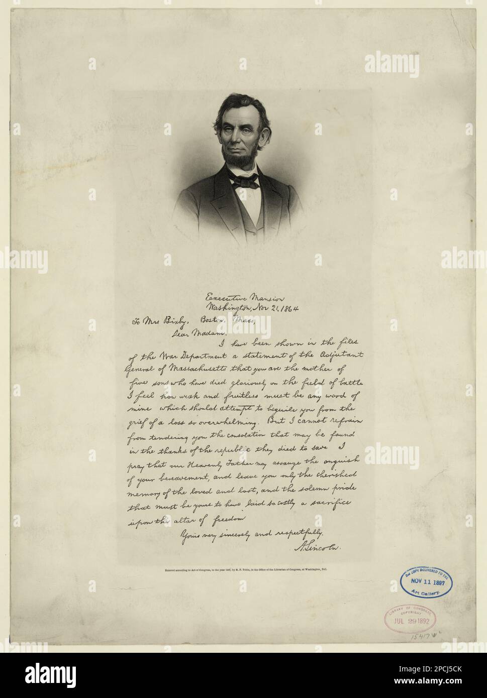 Letter from Abraham Lincoln to Mrs. Bixby, with bust-length portrait of ...