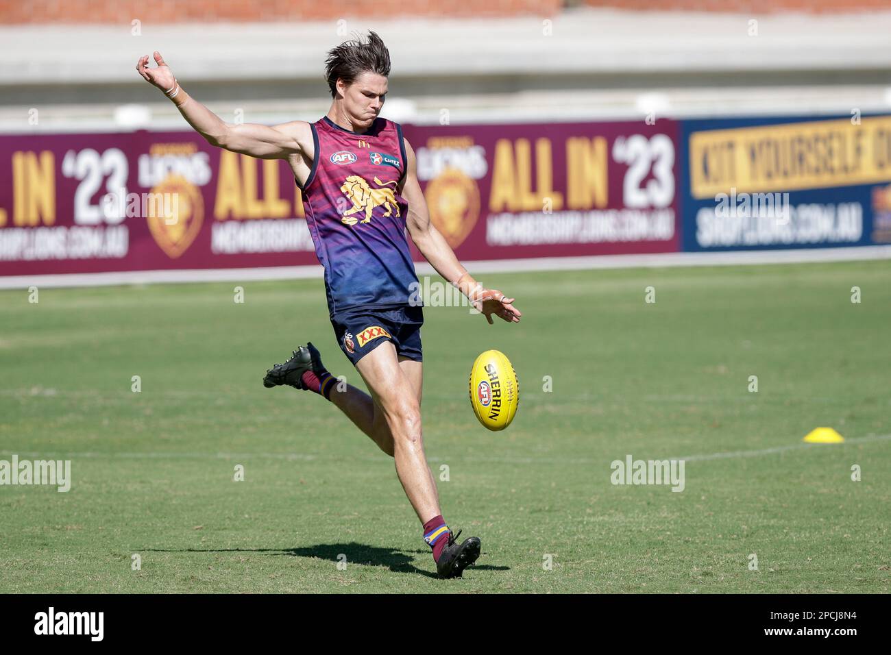 Eric Hipwood kicks the ball during Brisbane Lions training at Brighton ...