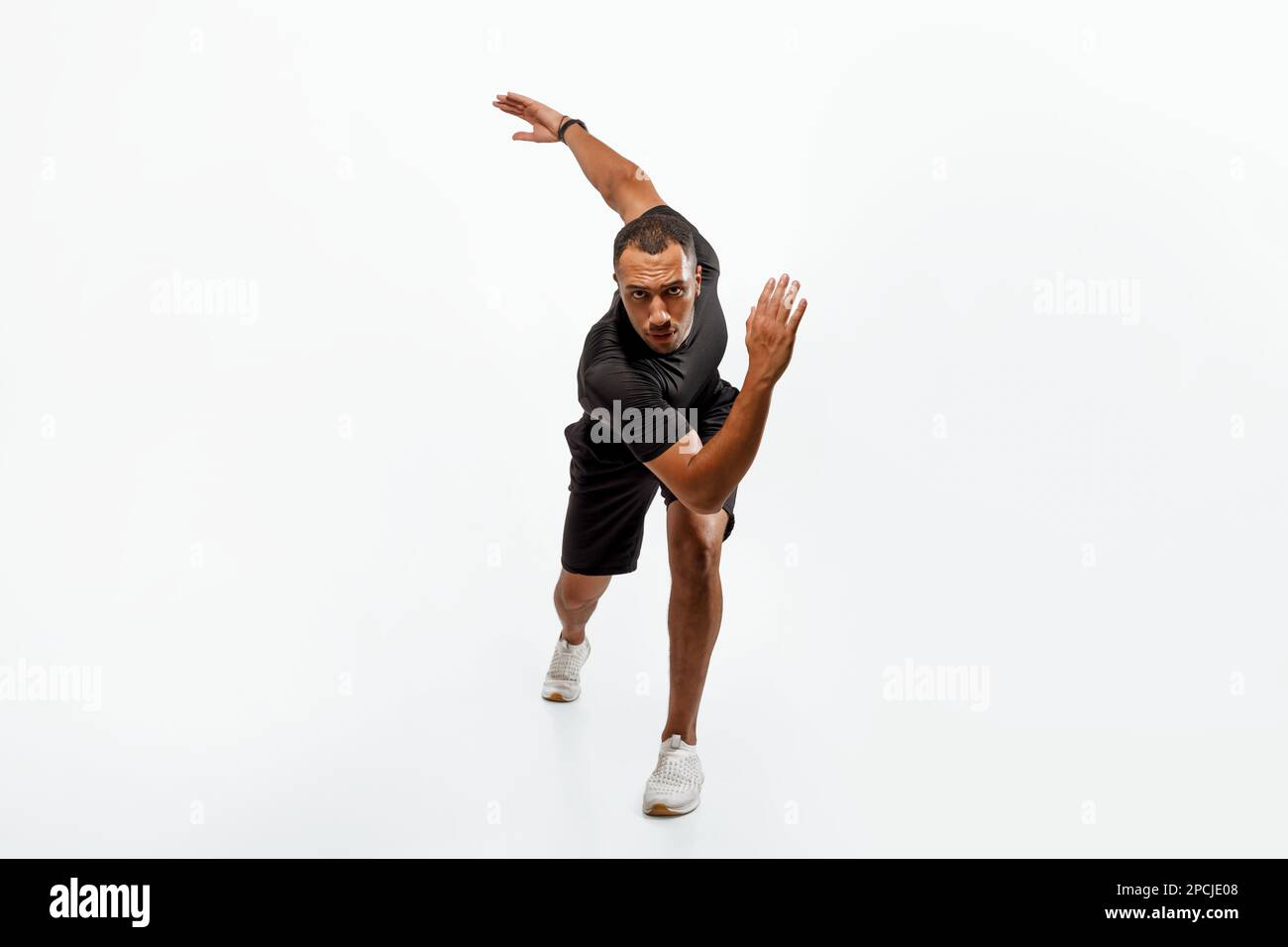 Sporty Black Guy Doing Forward Lunge Exercising Over White Background ...