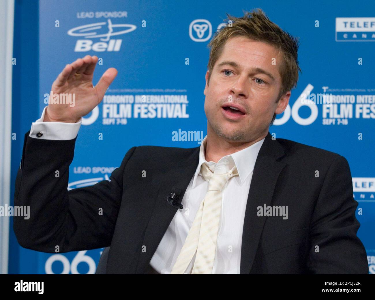 Actor Brad Pitt jokes around during a news conference for the film ...