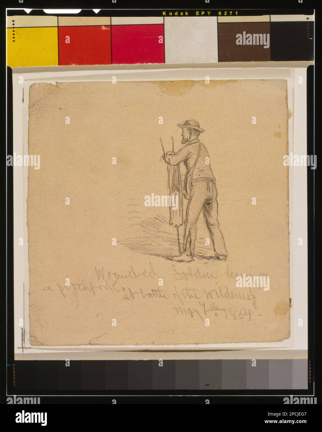 Wounded soldier leaning on a pitchfork at Battle of the Wilderness, May ...